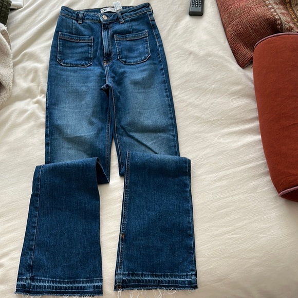 Zara | Jeans | Zara Ultra High Waist Flare With Slit Hem Raw Edge ...